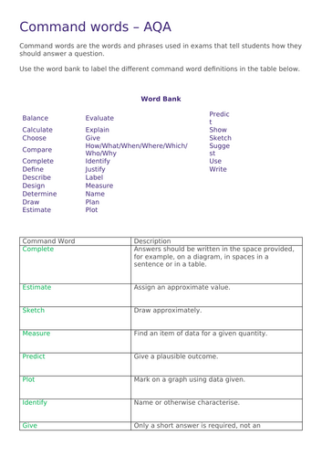 Exam command words worksheet | Teaching Resources