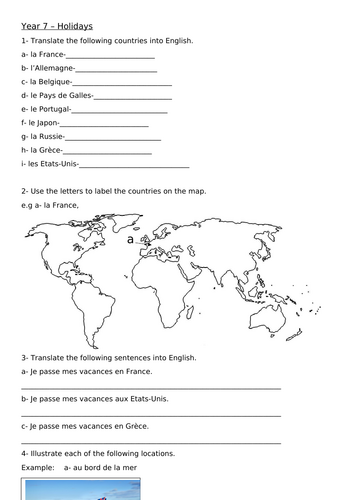 Year 7 - holidays worksheet - French | Teaching Resources