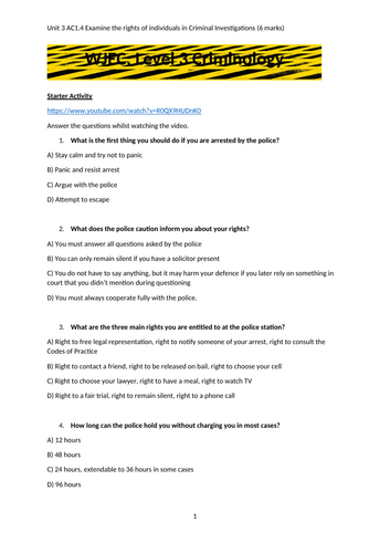 Criminology Rights of Individuals Criminal Investigations Unit 3 AC1.4 | Teaching Resources