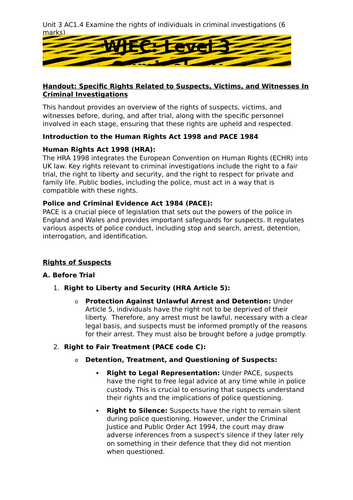 Criminology Rights of Individuals Criminal Investigations Unit 3 AC1.4 | Teaching Resources