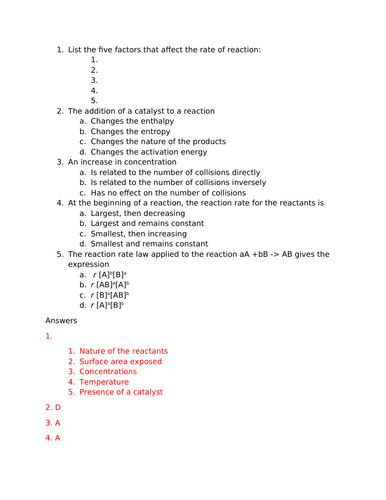 AP Chemistry Chemical Rate of Reaction Multiple Choice and Film ...