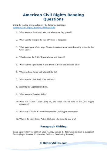Key Figures in American Civil Rights Reading Questions Worksheet ...