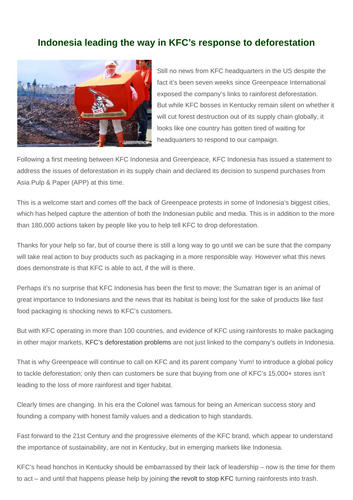 KS3 - Destroying planet earth L4 - Deforestation - KFC | Teaching Resources