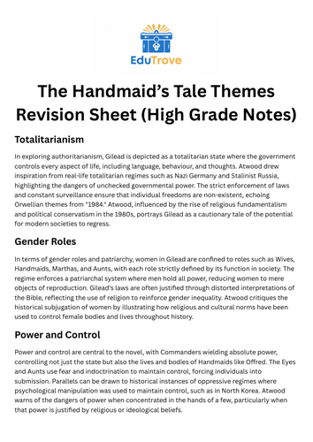 The Handmaid's Tale Themes Sheet (High Grade Revision Notes) | Teaching ...