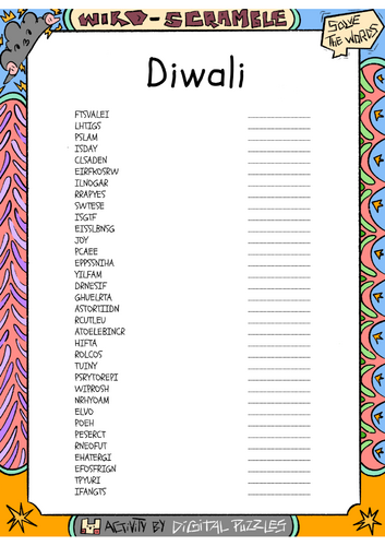 Diwali word scramble puzzle worksheet activity | Teaching Resources