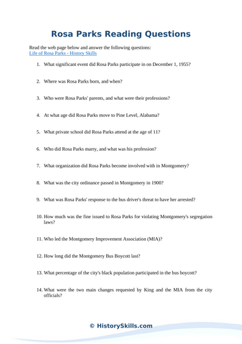 Rosa Parks Reading Questions Worksheet | Teaching Resources