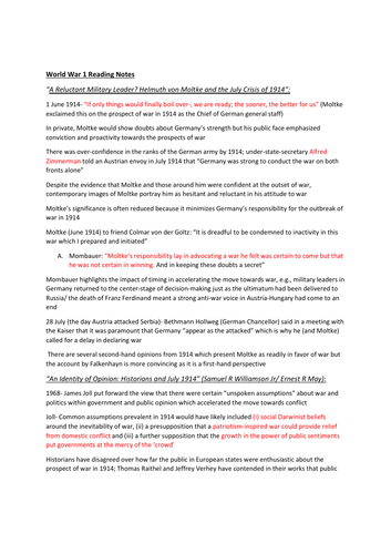 A* A level History WW1 Reading Notes | Teaching Resources