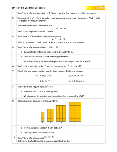 Head Start GCSE - Nth Term of a Quadratic Sequence | Teaching Resources Head Start GCSE - Nth Term of a Quadratic Sequence | Teaching Resources