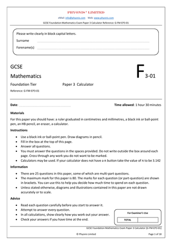 GCSE Foundation Maths Mock Exam [G-FM-EP3-01] | Teaching Resources
