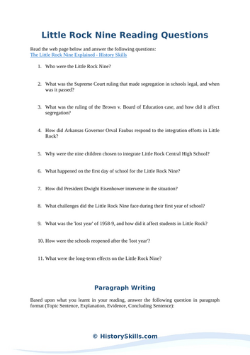 Little Rock Nine Reading Questions Worksheet | Teaching Resources