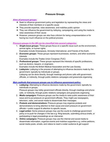 A-Level Politics Paper 1 Comprehensive Overview - Pressure Groups ...