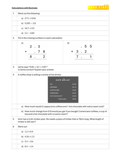 Head Start GCSE - Calculations with Decimals | Teaching Resources