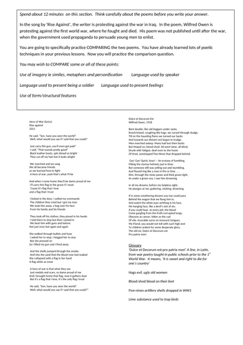 Unseen poetry practice: comparing 'Dulce et Decorum Est' with the song ...