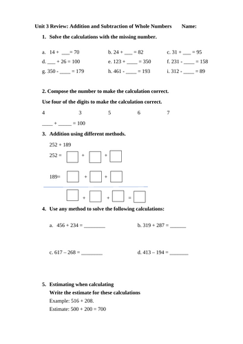 Addition and Subtraction Review | Teaching Resources