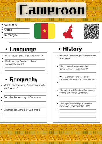 Country Study Worksheets on Cameroon - Africa | Teaching Resources