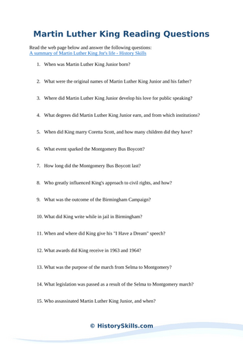 Martin Luther King Jr. Reading Questions Worksheet | Teaching Resources
