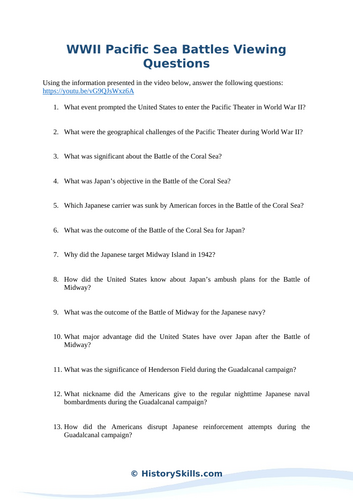 WWII Pacific Sea Battles Viewing Questions Worksheet | Teaching Resources