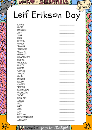 Leif Erikson Day word scramble puzzle worksheet activity | Teaching ...