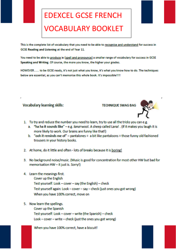 NEW GCSE French Edexcel Vocabulary Booklet inc Quizlet/QR codes- Year ...
