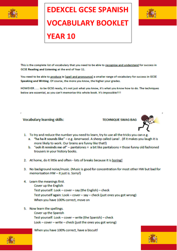 GCSE Spanish Edexcel Vocabulary Learning Year 10 Booklet inc Quizlet/QR ...