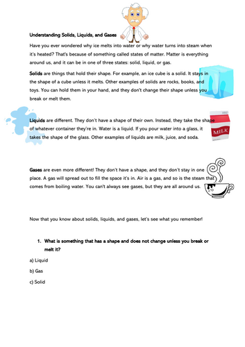 Solids, Liquids & Gases Science Reading | Teaching Resources