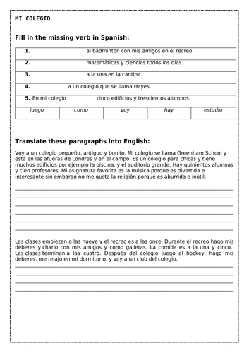 KS3 Spanish - mi colegio: topic worksheets | Teaching Resources