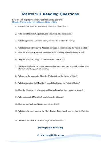 Malcolm X Reading Questions Worksheet | Teaching Resources