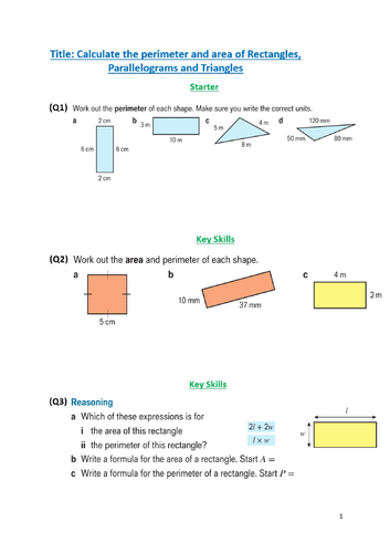 GCSE Foundation (Unit 8): Perimeter, Area and Volume 1 | Teaching Resources
