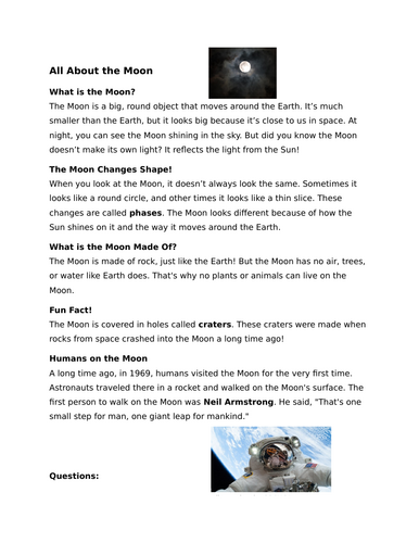 All About The Moon Science Reading | Teaching Resources