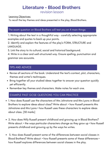 GCSE Blood Brothers - revision lesson | Teaching Resources