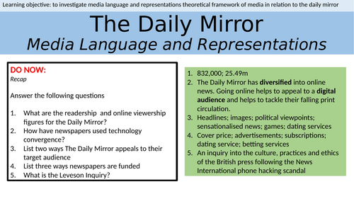Daily Mirror MEDIA LANGUAGE AQA MEDIA GCSE | Teaching Resources