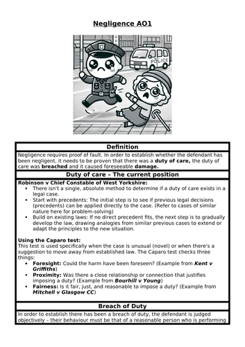 OCR A Level Law Negligence AO1 sheet | Teaching Resources