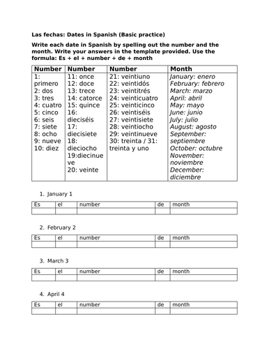 Las fechas: Dates in Spanish (Basic practice) | Teaching Resources
