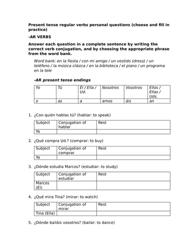 Present tense regular verbs personal questions (choose and fill in ...