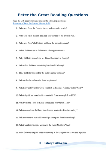 Peter the Great Reading Questions Worksheet | Teaching Resources