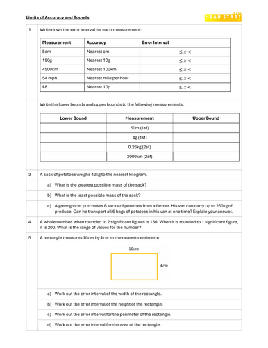Head Start GCSE - Limits of Accuracy and Bounds | Teaching Resources