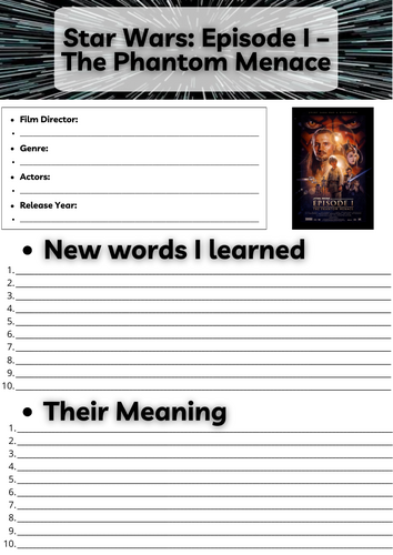 ESL Movie Guide Worksheets on "Star Wars Episode 1: The Phantom Menace ...