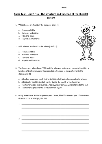 Skeletal System End Of Topic Mini Test | Teaching Resources