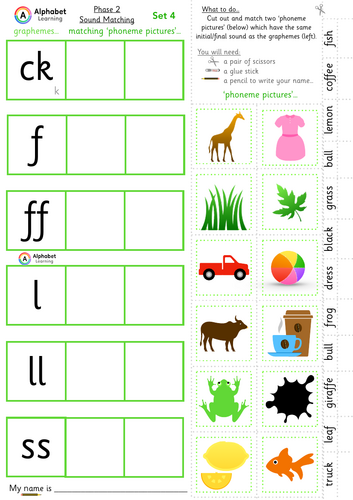 Phase 2 Phonics x4 sets Matching cut/stick | Teaching Resources