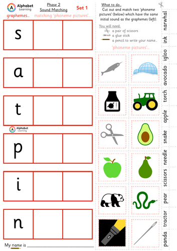 Phase 2 Phonics x4 sets Matching cut/stick | Teaching Resources