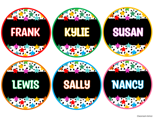 Printable Black and Bright Star Student Name Labels, Spotty Colorful ...
