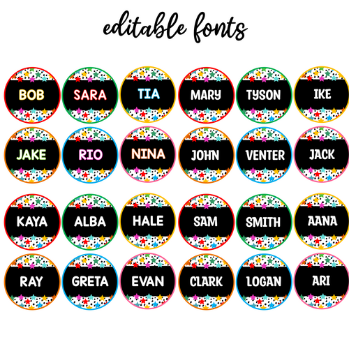 Printable Black and Bright Star Student Name Labels, Spotty Colorful ...