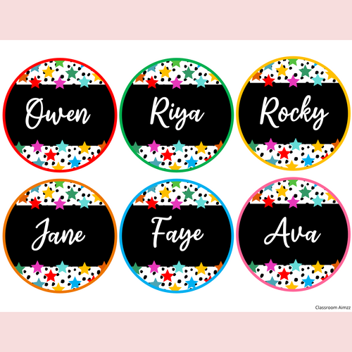 Printable Black and Bright Star Student Name Labels, Spotty Colorful ...