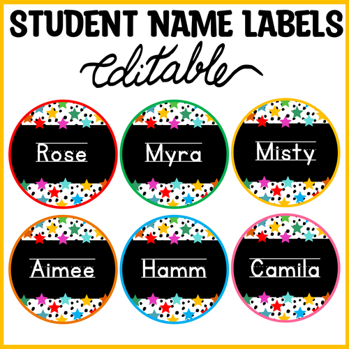 Printable Black and Bright Star Student Name Labels, Spotty Colorful ...