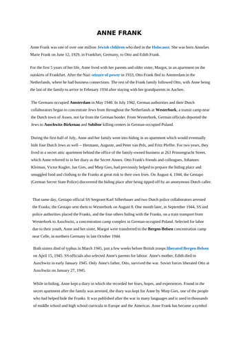 Back to School Year 5 Lessons Anne Frank Literacy | Teaching Resources