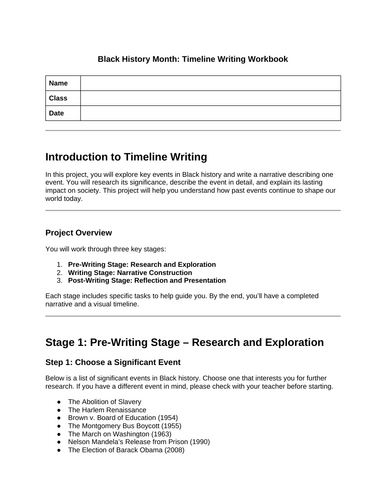 Black History Month Timeline Event Writing Research Workbook - KS3 ...