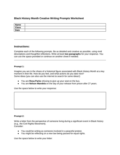 Black History Month Creative Writing Prompts Worksheet - KS3 | Teaching ...