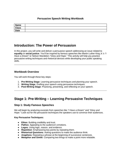 Black History Month Social Justice Persuasive Speech Writing Workbook ...