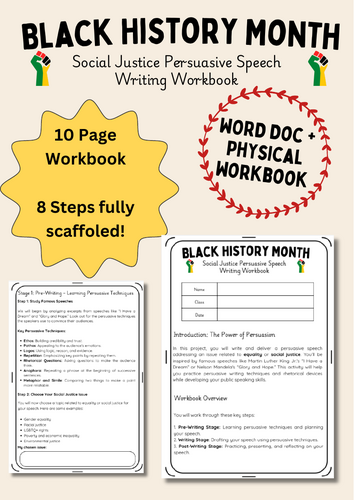 Black History Month Social Justice Persuasive Speech Writing Workbook ...