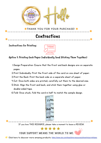 Contractions in English: Fold-and-Learn Card for Year 1 | Teaching ...